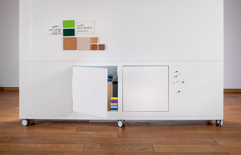 Mobile whiteboard storage units with built in cupboards, shelves and ...
